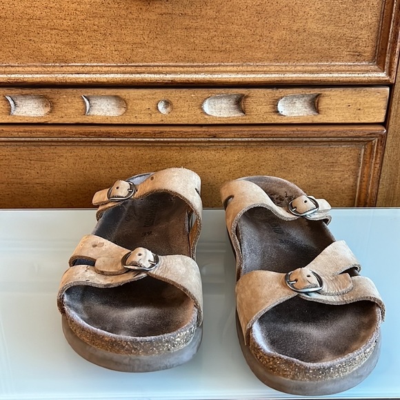 Mephisto | Shoes | Mephisto Taupe Brown Genuine Leather Sandals Slides ...